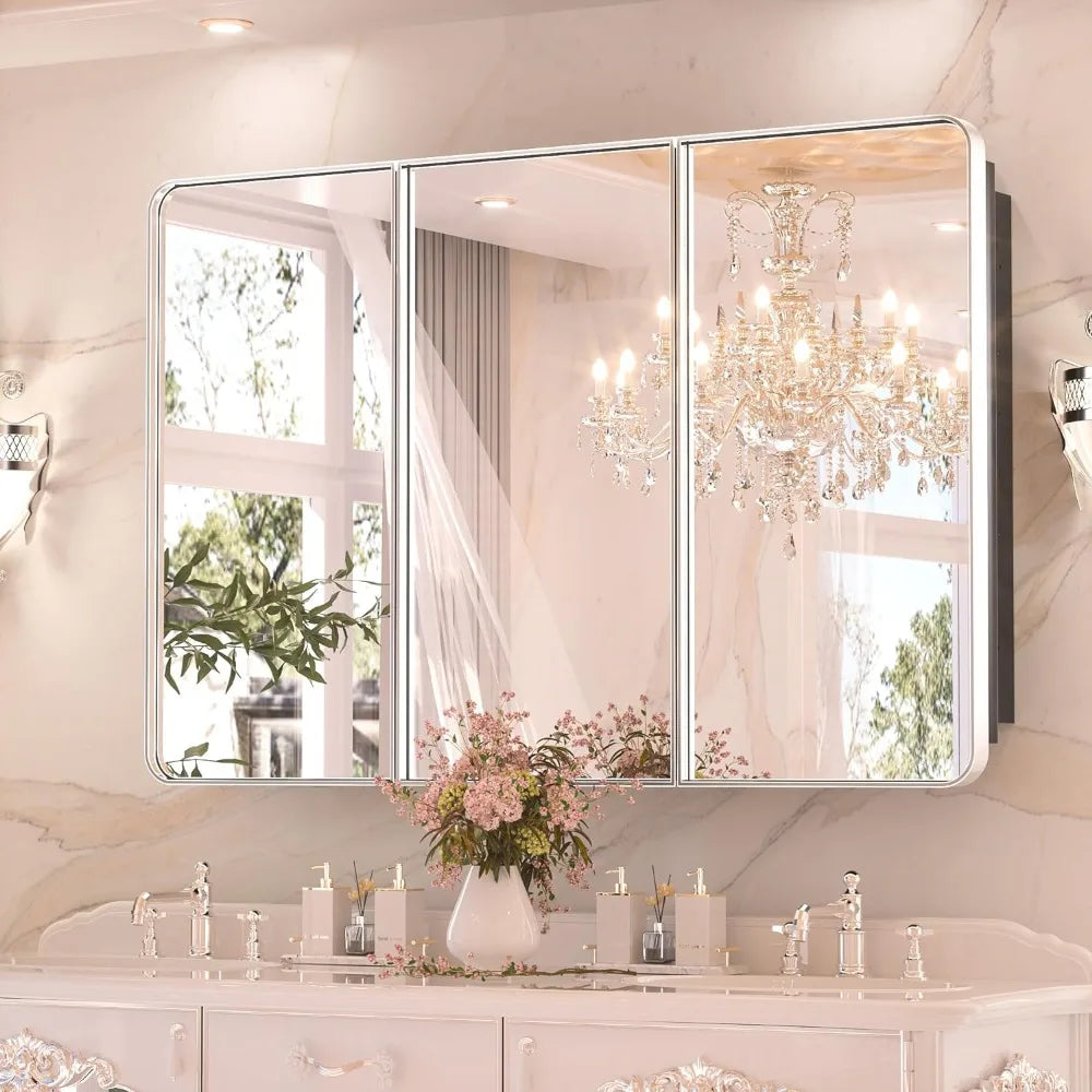 Large Chrome Medicine Cabinet with Mirror | 3 Doors Adjustable Shelves ...